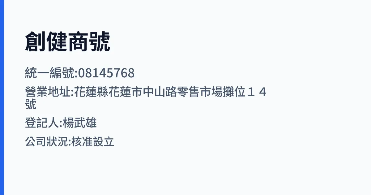創健商號 - 統編 08145768(花蓮縣) 公司登記資料與營業項目詳細圖表