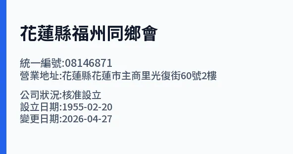 花蓮縣福州同鄉會的照片-統編 08146871(花蓮縣) 公司登記資料與營業項目詳細圖表