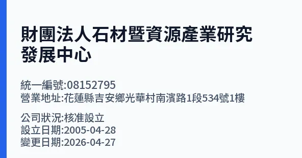 財團法人石材暨資源產業研究發展中心的照片-統編 08152795(花蓮縣) 公司登記資料與營業項目詳細圖表