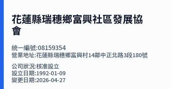 花蓮縣瑞穗鄉富興社區發展協會的照片-統編 08159354(花蓮縣) 公司登記資料與營業項目詳細圖表