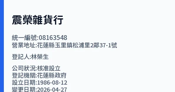 震榮雜貨行的照片-統編 08163548(花蓮縣) 公司登記資料與營業項目詳細圖表