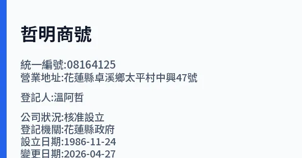哲明商號的照片-統編 08164125(花蓮縣) 公司登記資料與營業項目詳細圖表