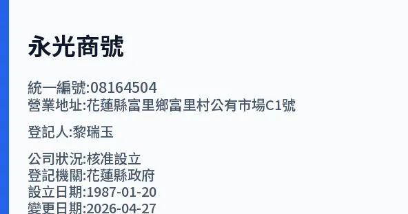 永光商號的照片-統編 08164504(花蓮縣) 公司登記資料與營業項目詳細圖表