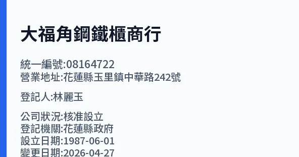 大福角鋼鐵櫃商行的照片-統編 08164722(花蓮縣) 公司登記資料與營業項目詳細圖表