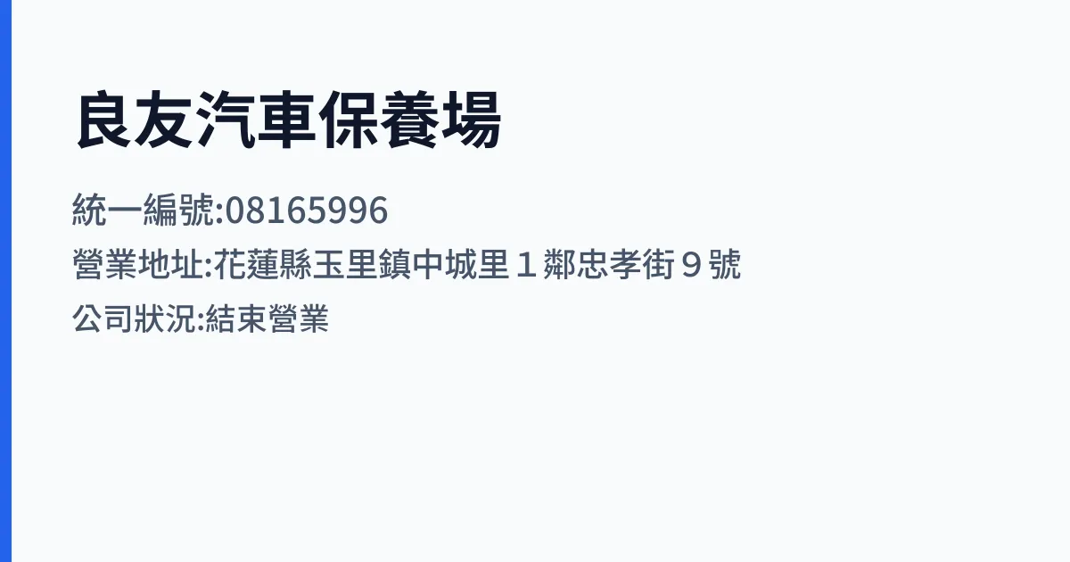 良友汽車保養場 - 統編 08165996(花蓮縣) 公司登記資料與營業項目詳細圖表