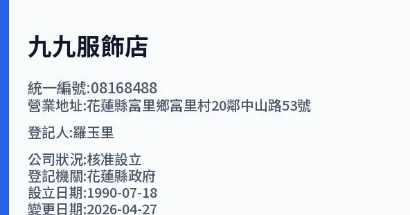 九九服飾店的照片-統編 08168488(花蓮縣) 公司登記資料與營業項目詳細圖表