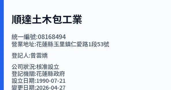 順達土木包工業的照片-統編 08168494(花蓮縣) 公司登記資料與營業項目詳細圖表