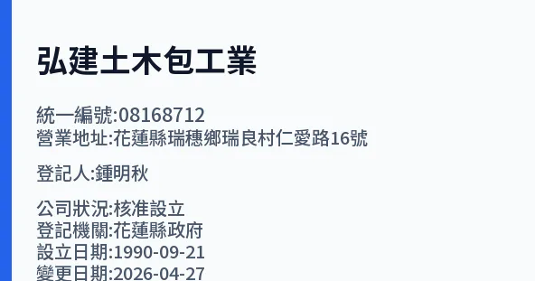 弘建土木包工業的照片-統編 08168712(花蓮縣) 公司登記資料與營業項目詳細圖表