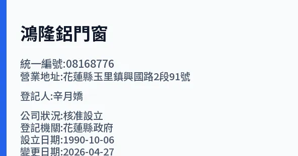 鴻隆鋁門窗的照片-統編 08168776(花蓮縣) 公司登記資料與營業項目詳細圖表