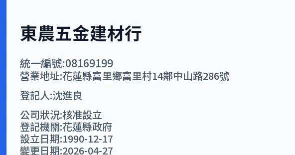 東農五金建材行的照片-統編 08169199(花蓮縣) 公司登記資料與營業項目詳細圖表