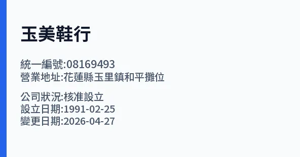 玉美鞋行的照片-統編 08169493(花蓮縣) 公司登記資料與營業項目詳細圖表