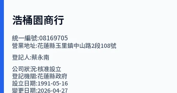 浩桶園商行的照片-統編 08169705(花蓮縣) 公司登記資料與營業項目詳細圖表