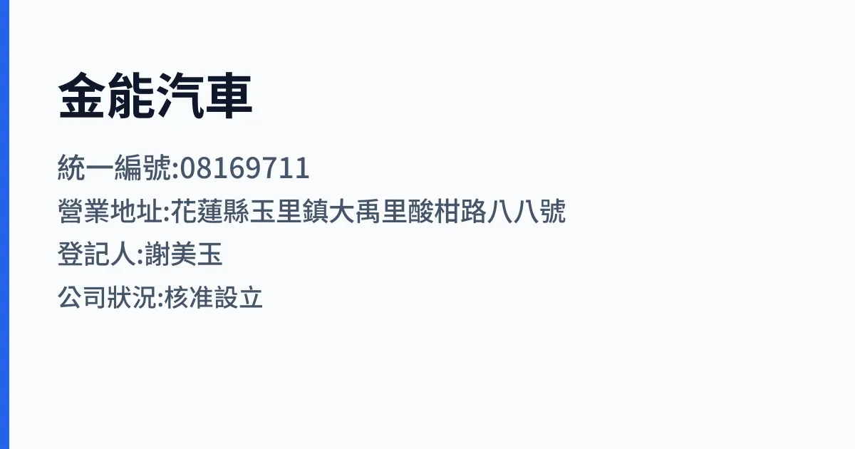 金能汽車 - 統編 08169711（花蓮縣） 公司登記資料與營業項目詳細圖表