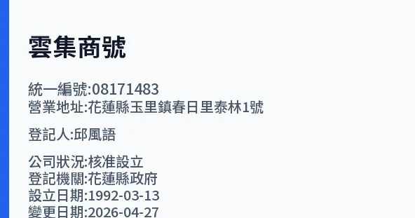 雲集商號的照片-統編 08171483(花蓮縣) 公司登記資料與營業項目詳細圖表