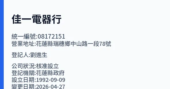 佳一電器行的照片-統編 08172151(花蓮縣) 公司登記資料與營業項目詳細圖表