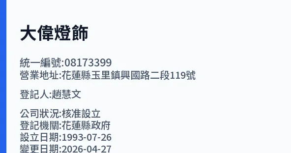 大偉燈飾的照片-統編 08173399(花蓮縣) 公司登記資料與營業項目詳細圖表