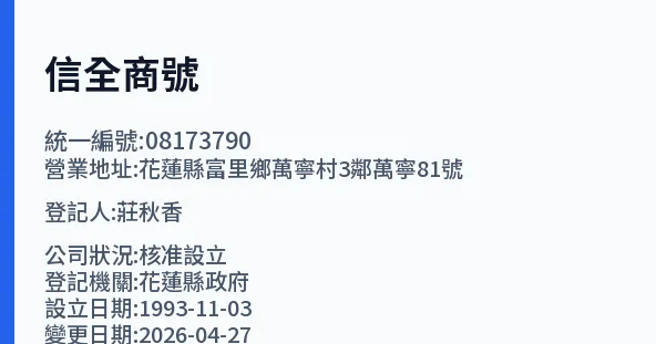 信全商號的照片-統編 08173790(花蓮縣) 公司登記資料與營業項目詳細圖表