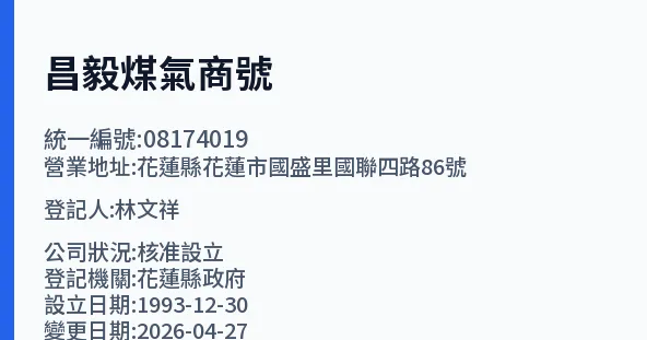 昌毅煤氣商號的照片-統編 08174019(花蓮縣) 公司登記資料與營業項目詳細圖表
