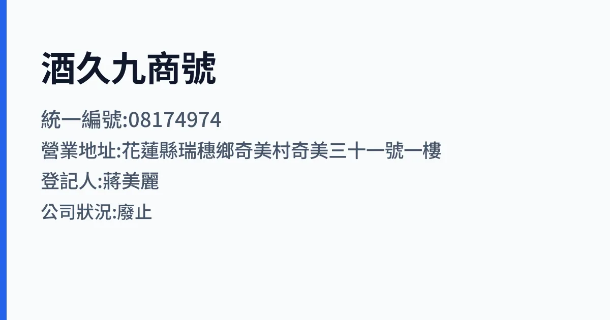 酒久九商號 - 統編 08174974(花蓮縣) 公司登記資料與營業項目詳細圖表