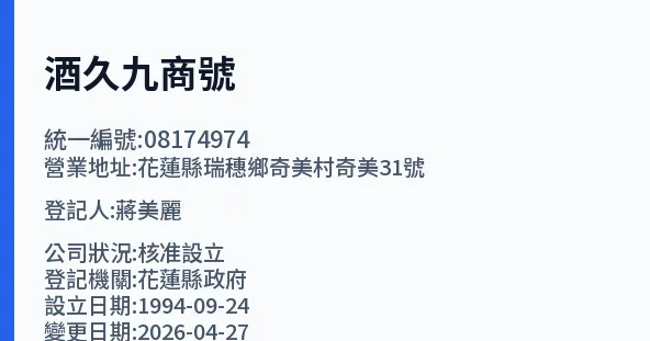 酒久九商號的照片-統編 08174974(花蓮縣) 公司登記資料與營業項目詳細圖表
