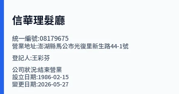 信華理髮廳的照片-統編 08179675(澎湖縣) 公司登記資料與營業項目詳細圖表