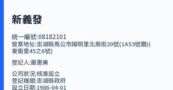 新義發的照片-統編 08182101(澎湖縣) 公司登記資料與營業項目詳細圖表