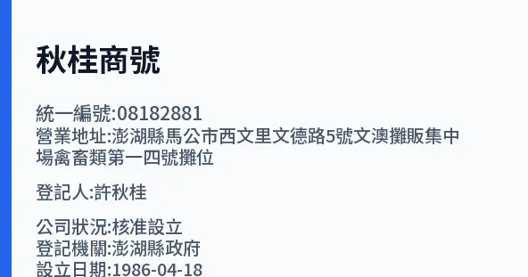 秋桂商號的照片-統編 08182881(澎湖縣) 公司登記資料與營業項目詳細圖表