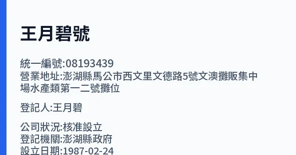 王月碧號的照片-統編 08193439(澎湖縣) 公司登記資料與營業項目詳細圖表