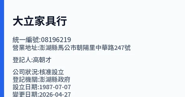 大立家具行的照片-統編 08196219(澎湖縣) 公司登記資料與營業項目詳細圖表