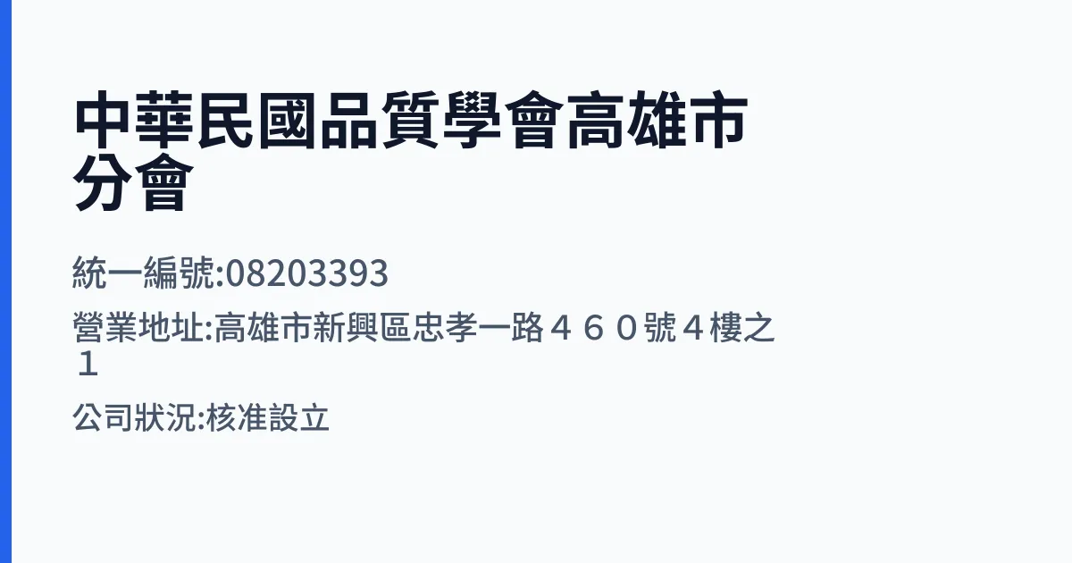 中華民國品質學會高雄市分會 - 統編 08203393(高雄市) 公司登記資料與營業項目詳細圖表