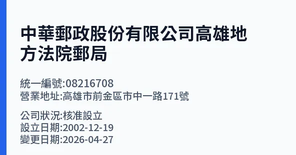 中華郵政股份有限公司高雄地方法院郵局的照片-統編 08216708(高雄市) 公司登記資料與營業項目詳細圖表