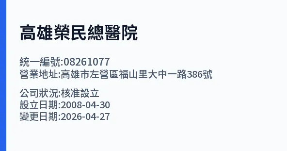高雄榮民總醫院的照片-統編 08261077(高雄市) 公司登記資料與營業項目詳細圖表