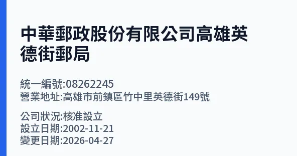 中華郵政股份有限公司高雄英德街郵局的照片-統編 08262245(高雄市) 公司登記資料與營業項目詳細圖表