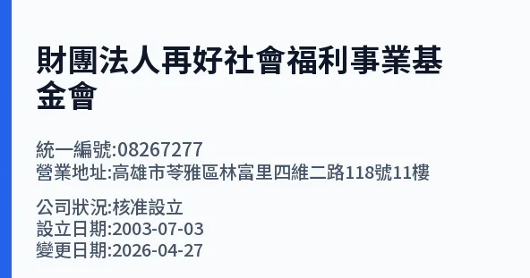財團法人再好社會福利事業基金會的照片-統編 08267277(高雄市) 公司登記資料與營業項目詳細圖表