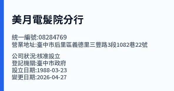 美月電髲院分行的照片-統編 08284769(臺中市) 公司登記資料與營業項目詳細圖表