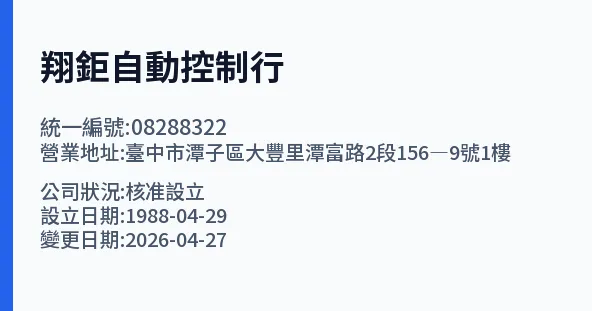 翔鉅自動控制行的照片-統編 08288322(臺中市) 公司登記資料與營業項目詳細圖表