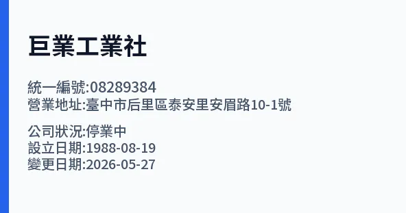 巨業工業社的照片-統編 08289384(臺中市) 公司登記資料與營業項目詳細圖表