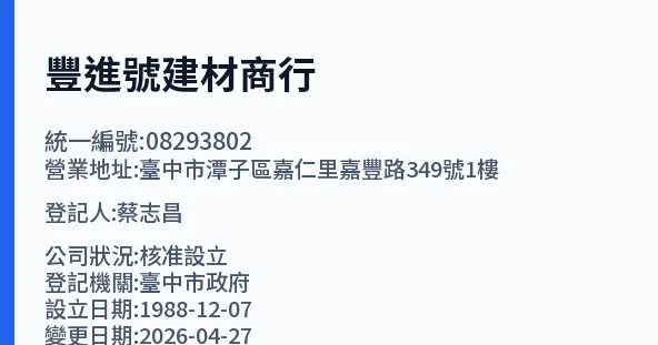 豐進號建材商行的照片-統編 08293802(臺中市) 公司登記資料與營業項目詳細圖表