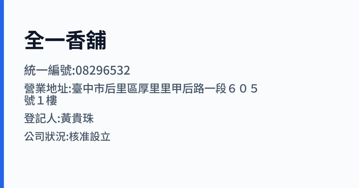 全一香舖 - 統編 08296532(臺中市) 公司登記資料與營業項目詳細圖表
