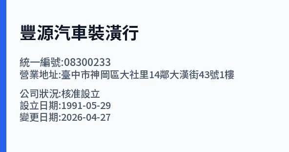 豐源汽車裝潢行的照片-統編 08300233(臺中市) 公司登記資料與營業項目詳細圖表