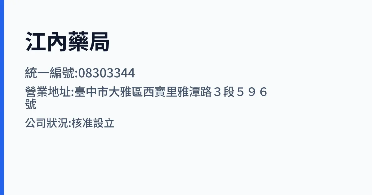 江內藥局 - 統編 08303344(臺中市) 公司登記資料與營業項目詳細圖表