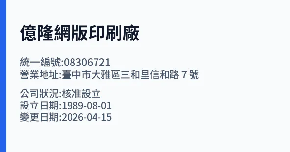 億隆網版印刷廠的照片-統編 08306721(臺中市) 公司登記資料與營業項目詳細圖表