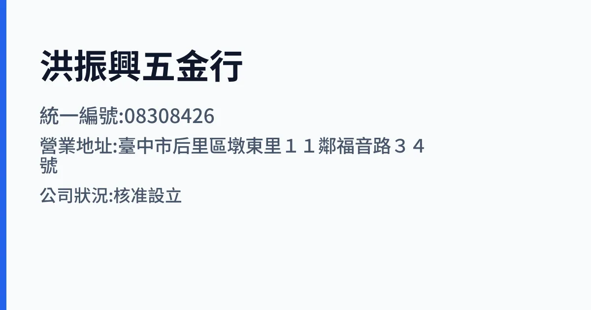 洪振興五金行 - 統編 08308426(臺中市) 公司登記資料與營業項目詳細圖表