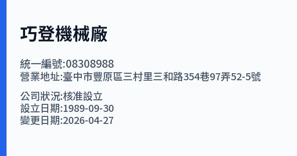 巧登機械廠的照片-統編 08308988(臺中市) 公司登記資料與營業項目詳細圖表