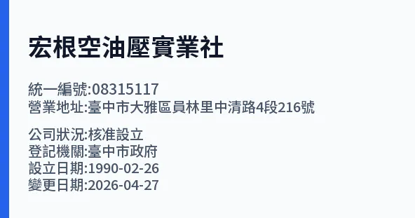 宏根空油壓實業社的照片-統編 08315117(臺中市) 公司登記資料與營業項目詳細圖表