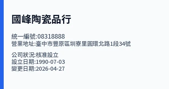 國峰陶瓷品行的照片-統編 08318888(臺中市) 公司登記資料與營業項目詳細圖表
