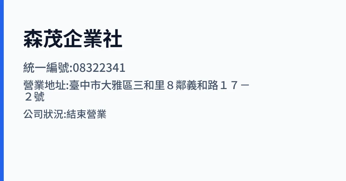 森茂企業社 - 統編 08322341(臺中市) 公司登記資料與營業項目詳細圖表