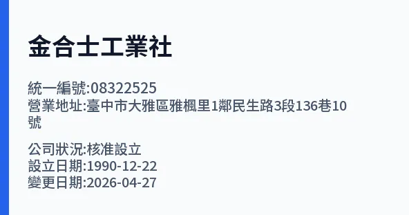 金合士工業社的照片-統編 08322525(臺中市) 公司登記資料與營業項目詳細圖表