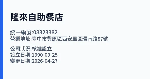 隆來自助餐店的照片-統編 08323382(臺中市) 公司登記資料與營業項目詳細圖表