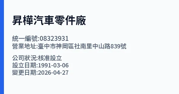 昇樺汽車零件廠的照片-統編 08323931(臺中市) 公司登記資料與營業項目詳細圖表